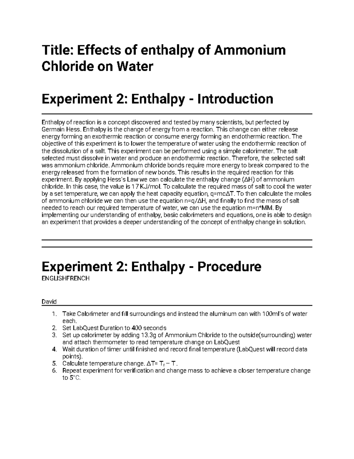 Effects of Enthalpy of Ammonium Chloride (NH4Cl) on Water Temperature ...