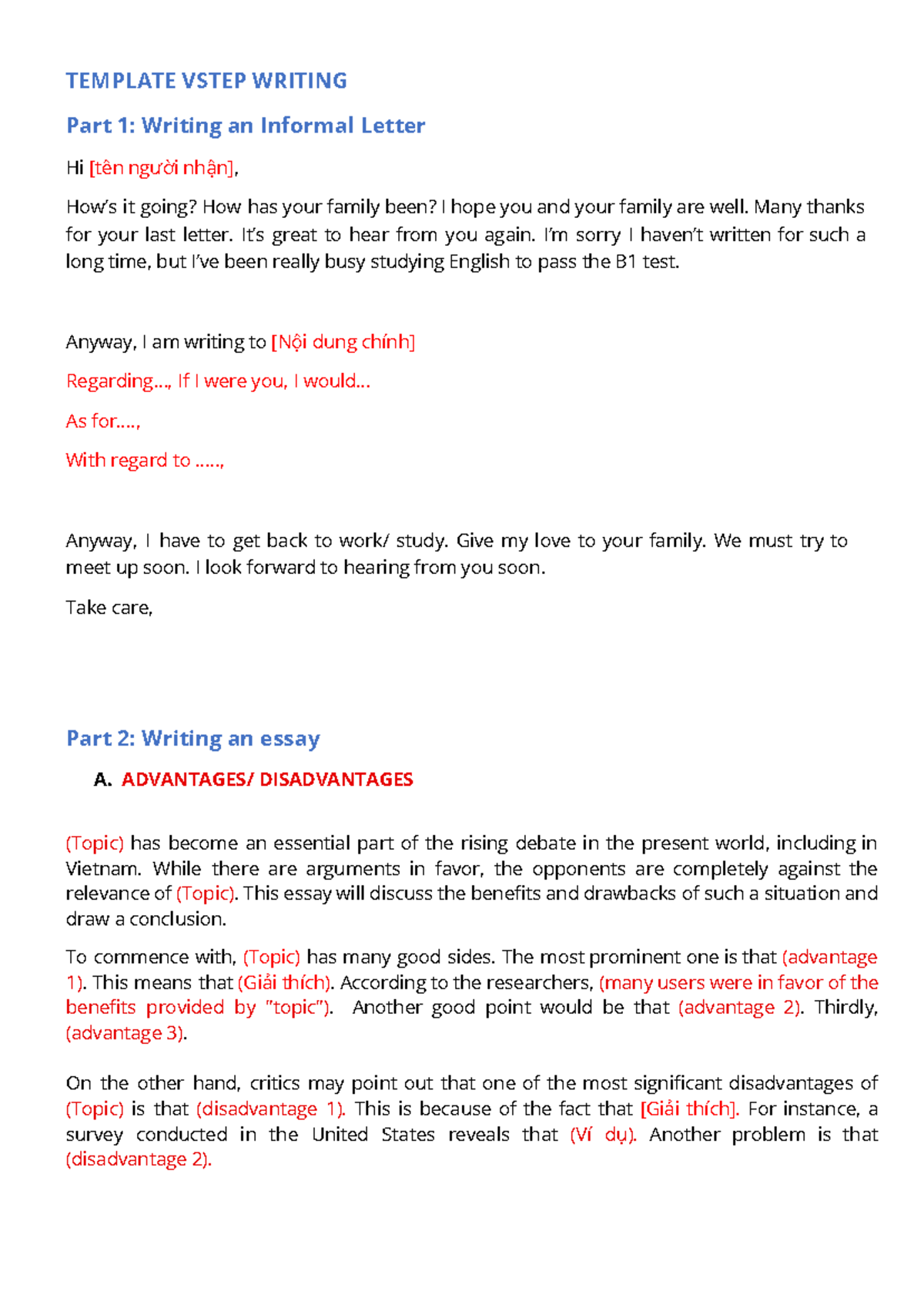 Template VSTEP Writing & Speaking Guide for B1 Test Preparation - Studocu