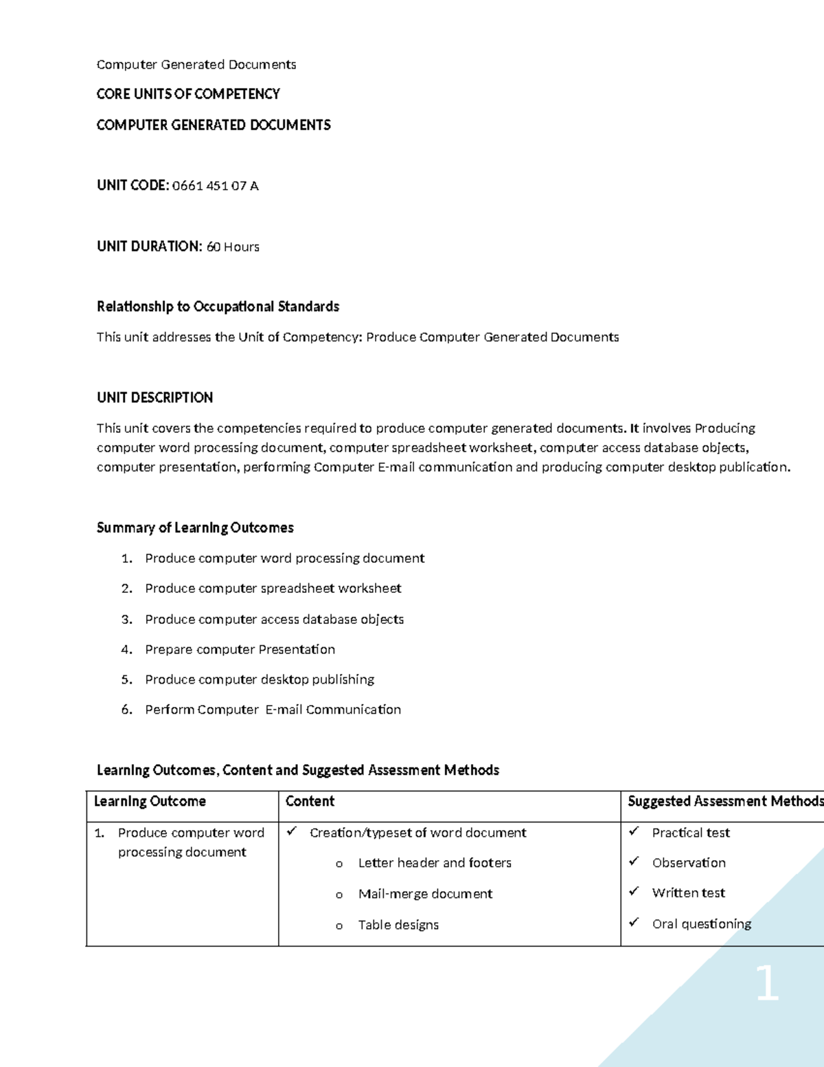 Computer Generated Documents Notes - Computer Generated Documents CORE ...