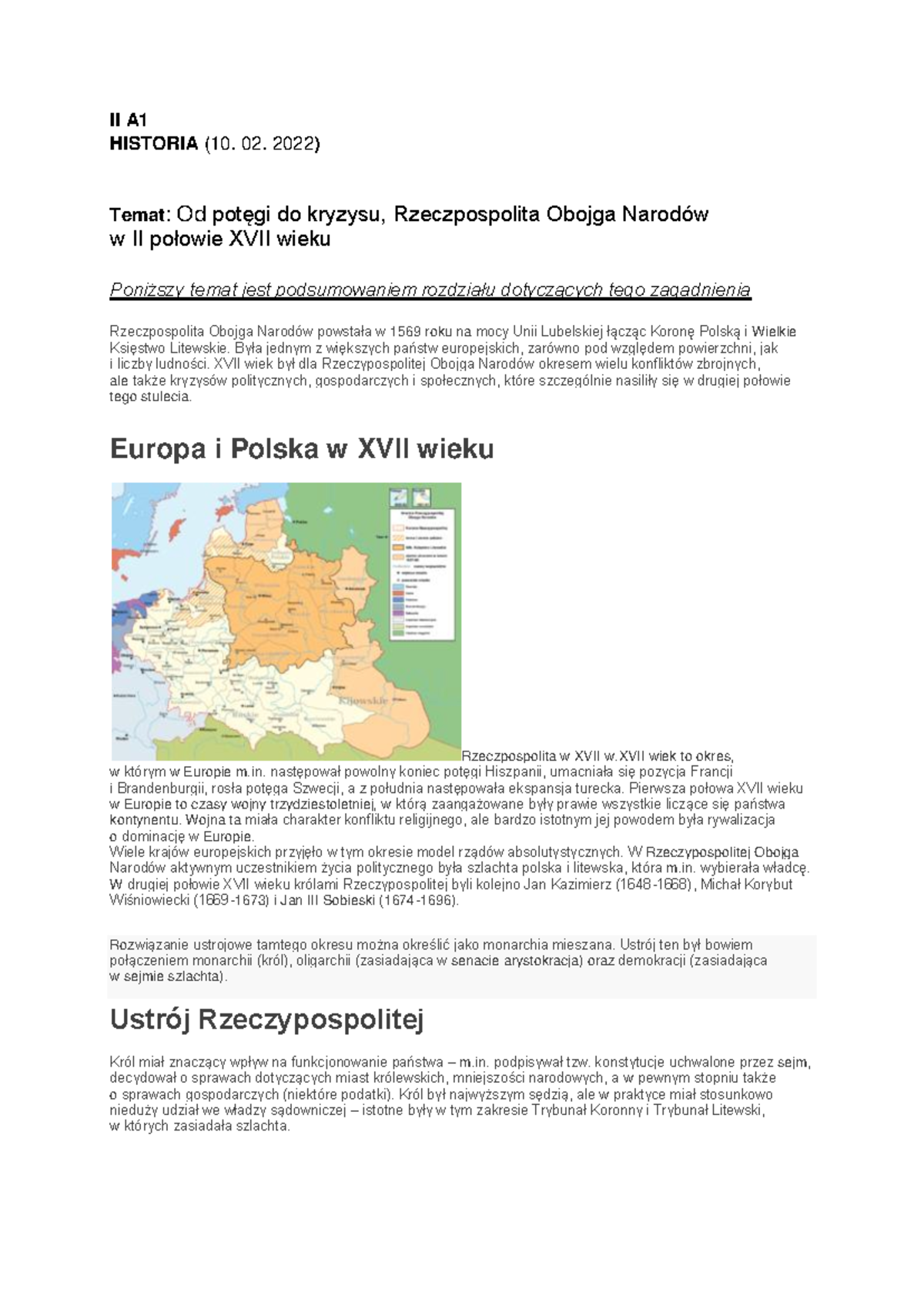 II A1 Historia 10 - Od potęgi do kryzysu: Rzeczpospolita Obojga Narodów - Studocu