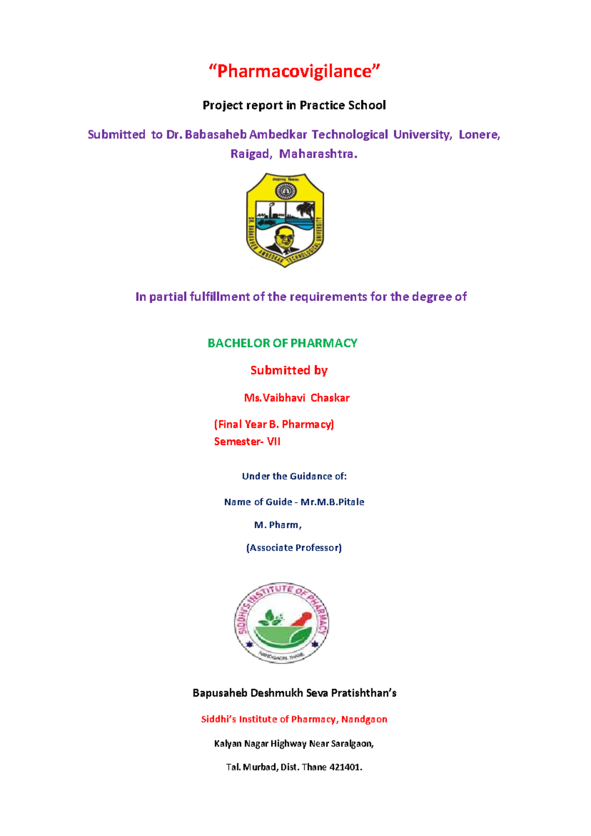 Pharmacovigilance Project Report - B. Pharmacy Final Year - Studocu