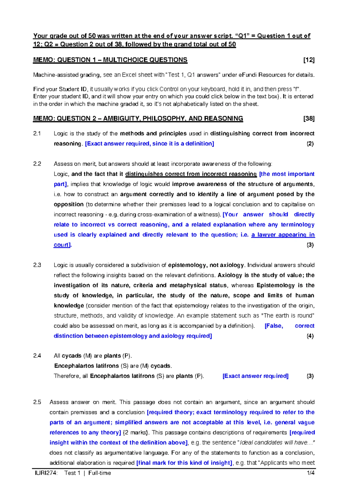 IURI 274 Test 1 Memo Analysis and Grading Insights 2019 - Studocu