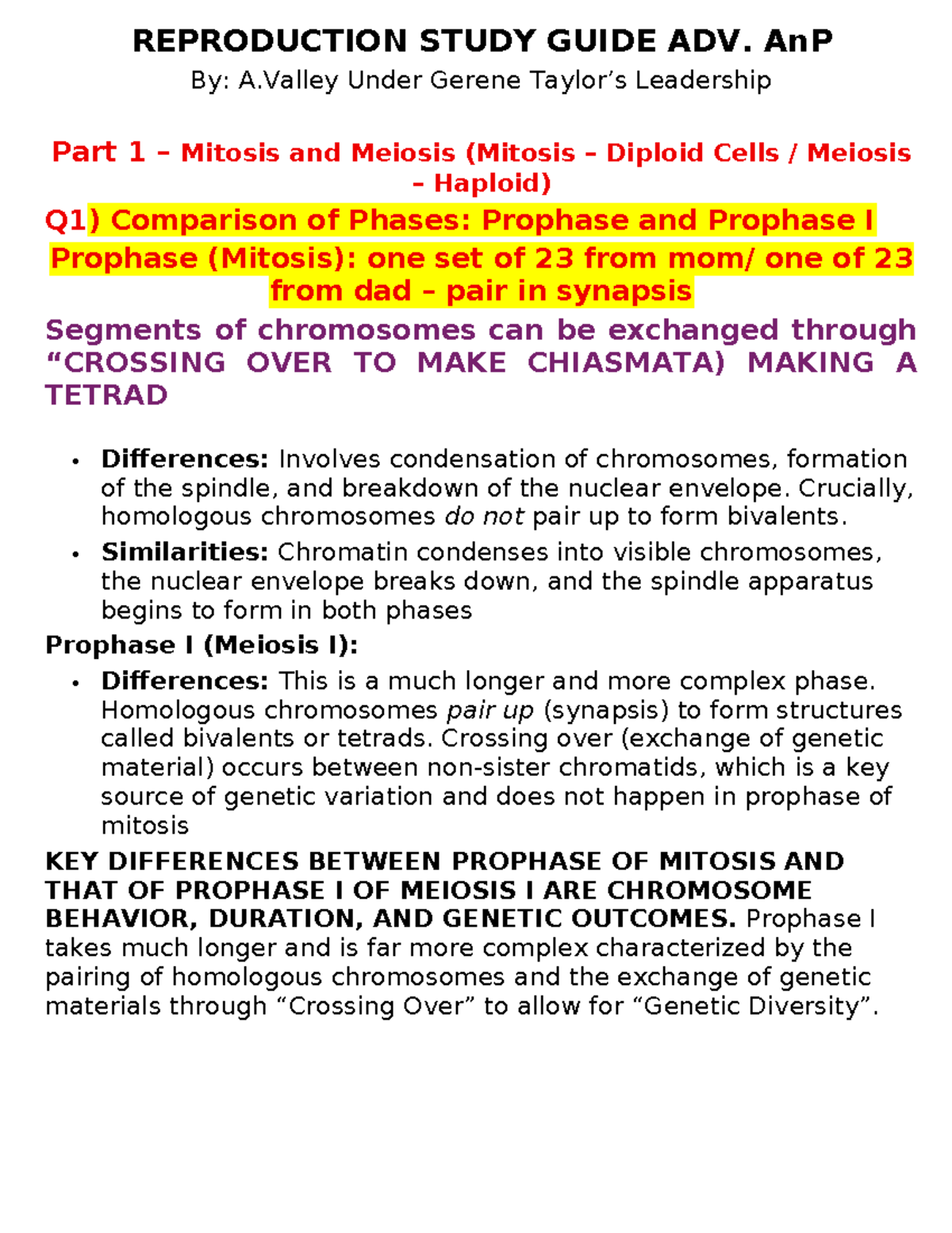 Valley Reproductive Study Guide: Mitosis & Meiosis Comparison - Studocu