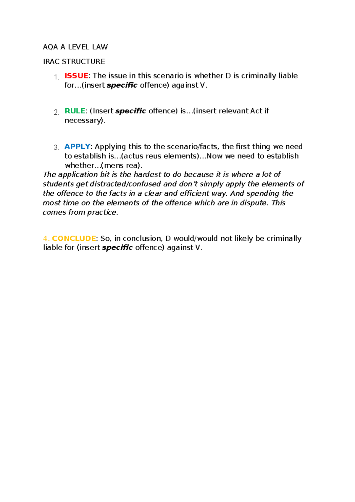 AQA A Level LAW IRAC Method Guide for Legal Analysis - Studocu