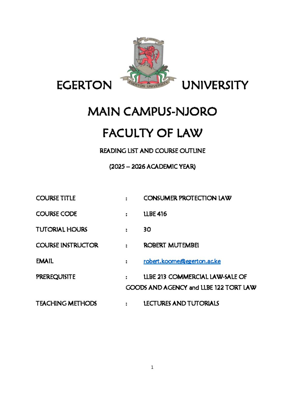 LLBE 416 Consumer Protection Law Course Outline (2025-2026) - Studocu