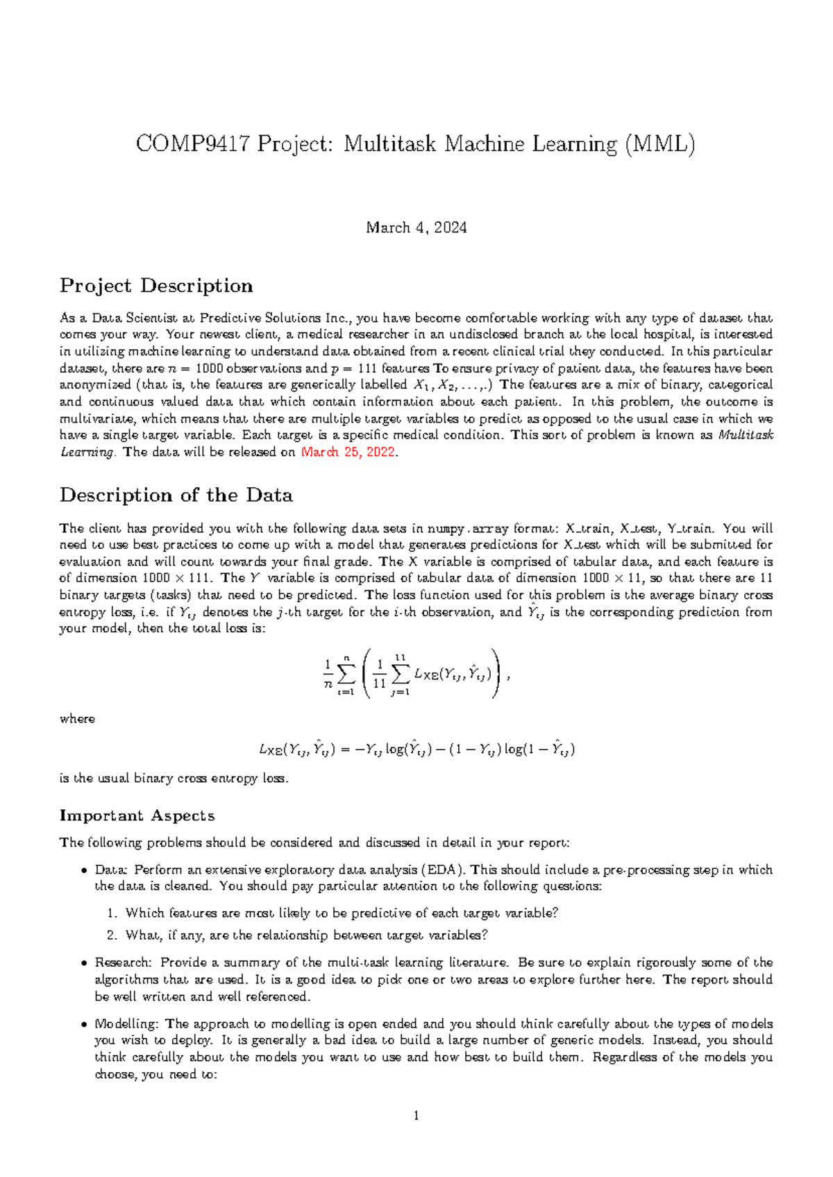 COMP9417 Project: Multitask ML for Clinical Data Analysis - Studocu