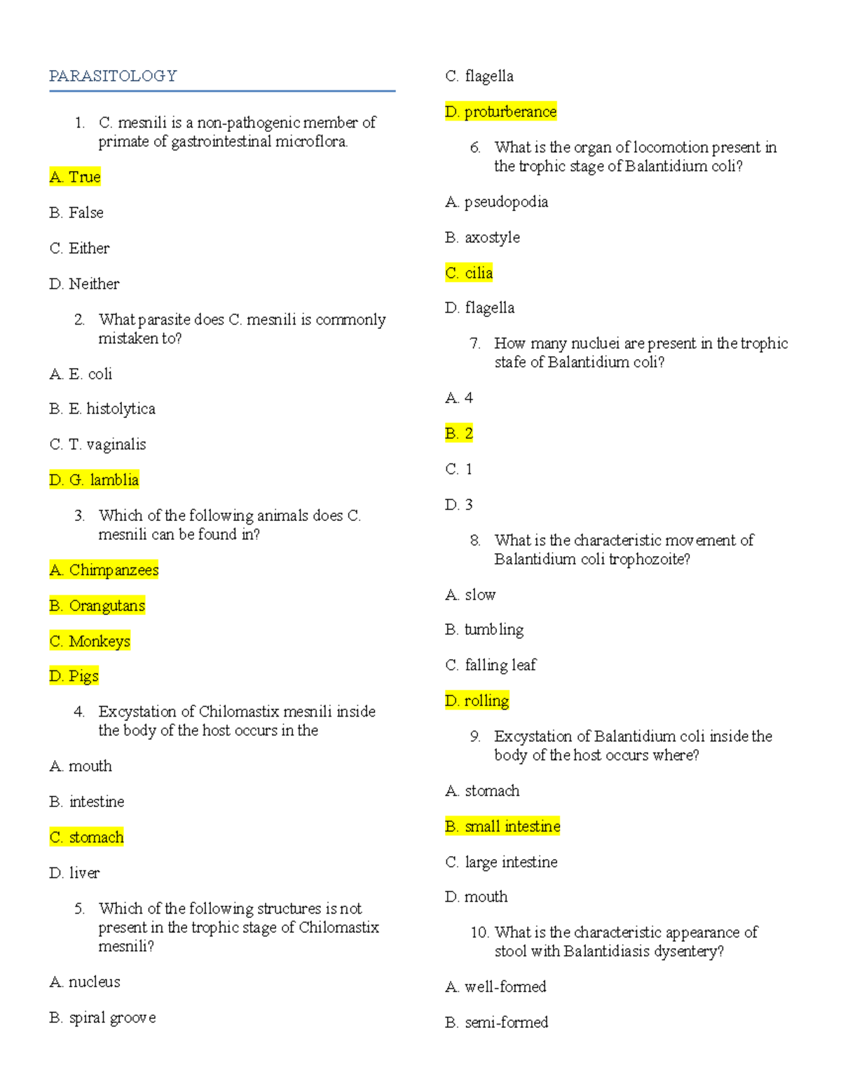 Answer KEY-PARA - assessment review notes - PARASITOLOGY C. mesnili is ...