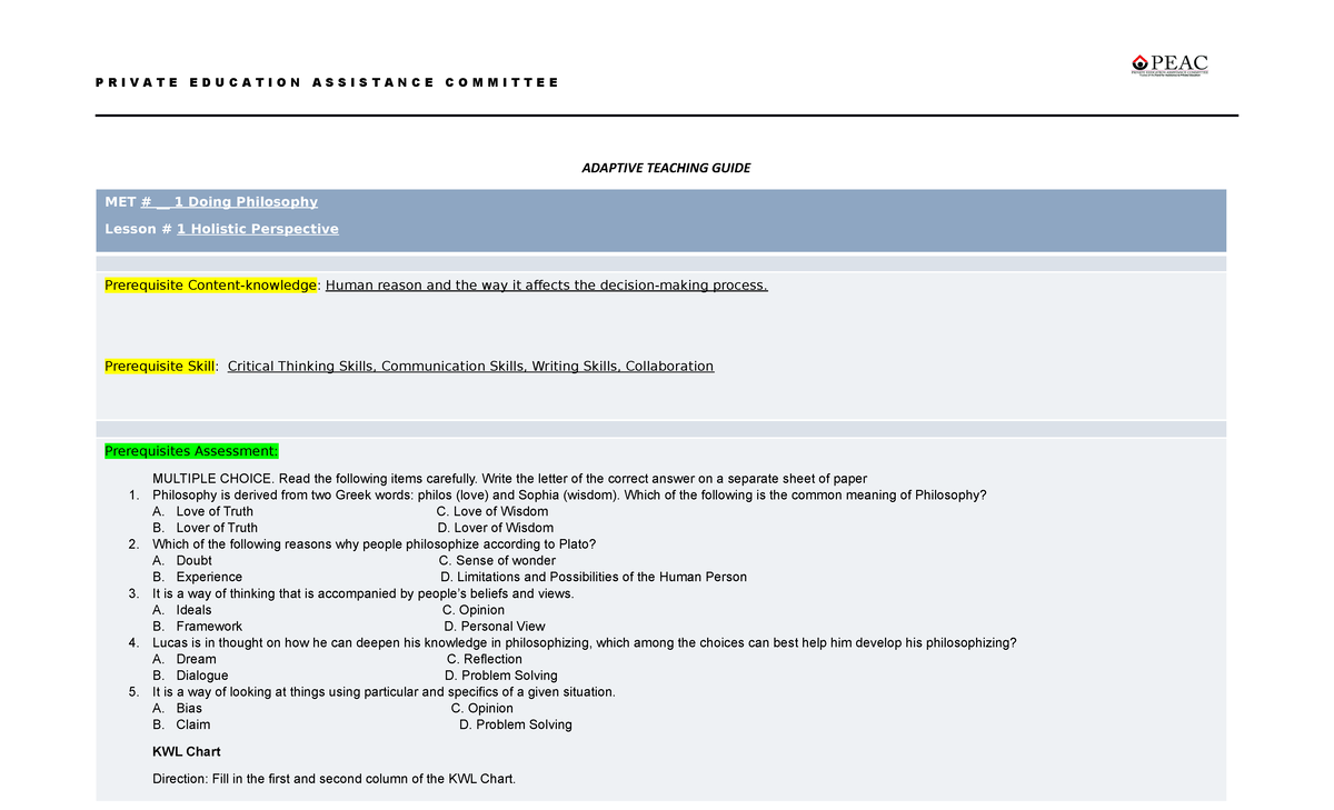 Final Exam - Adaptive Teaching Guide: Understanding Philosophy - Studocu
