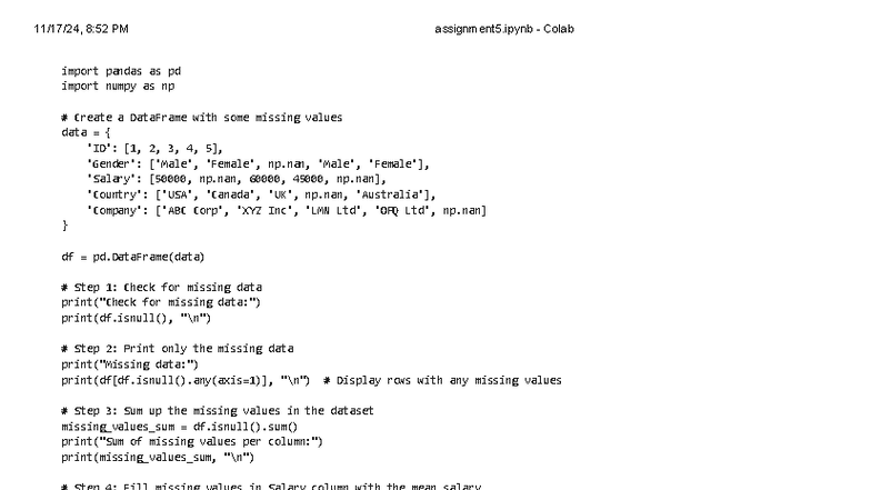 Assignment 5: Handling Missing Data in Pandas - Colab - Studocu