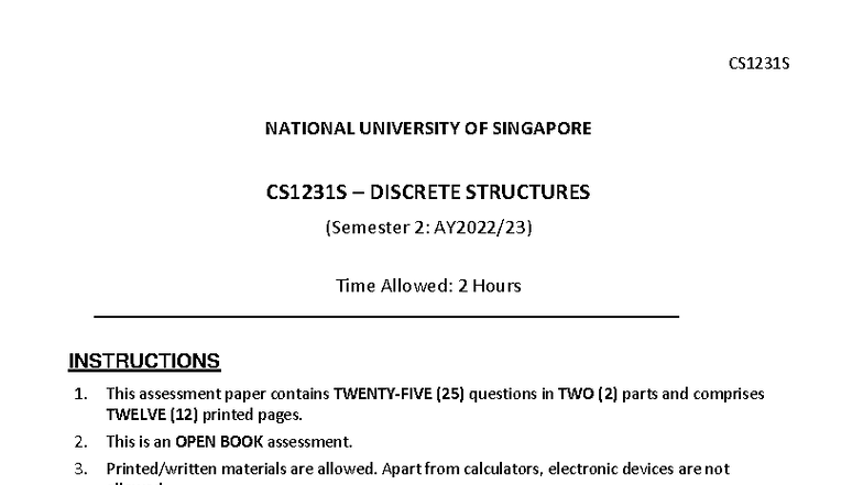 CS1231S Discrete Structures Midterm Exam Questions (Semester 2) - Studocu