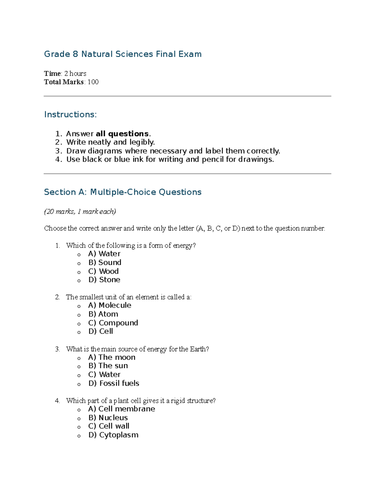 Grade 8 Natural Sciences Final Exam (100 Marks) - Studocu