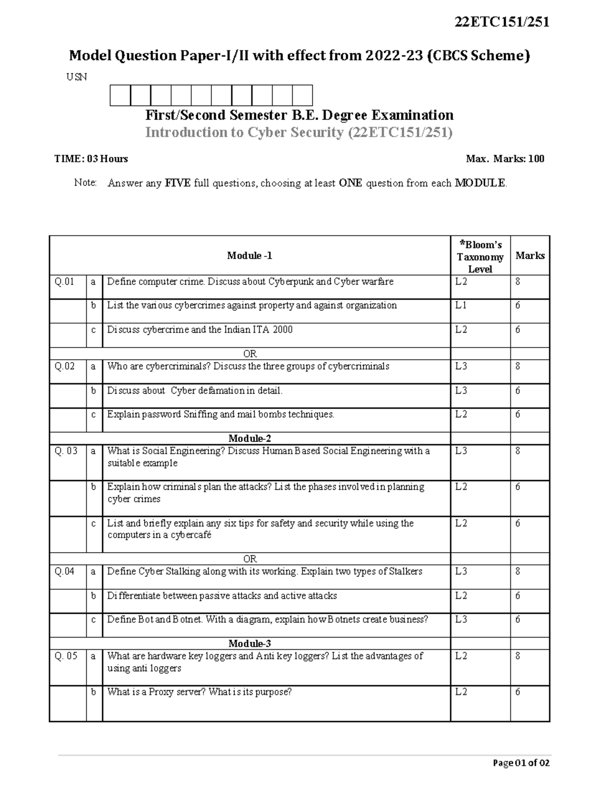 22ETC151 - Model Question Paper for Cyber Security Exam 2022-23 - Studocu