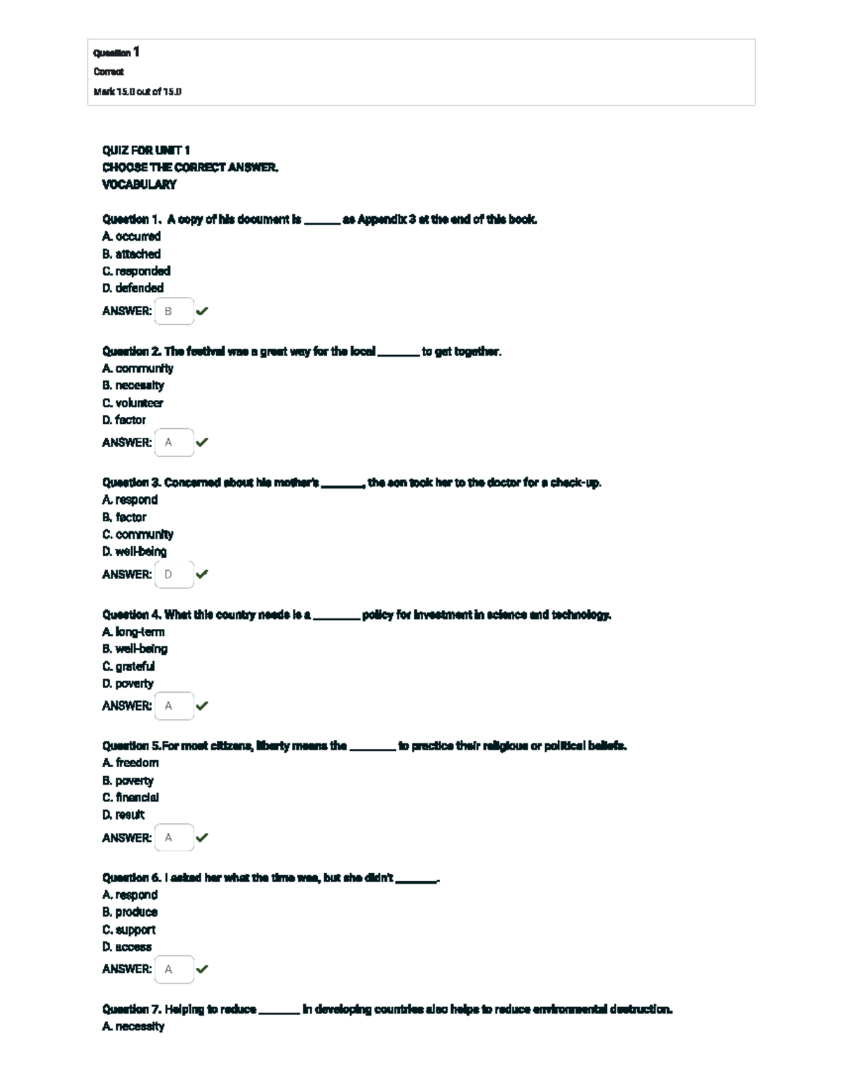 U1. UNIT QUIZ - Vocabulary & Grammar Questions and Answers - Studocu