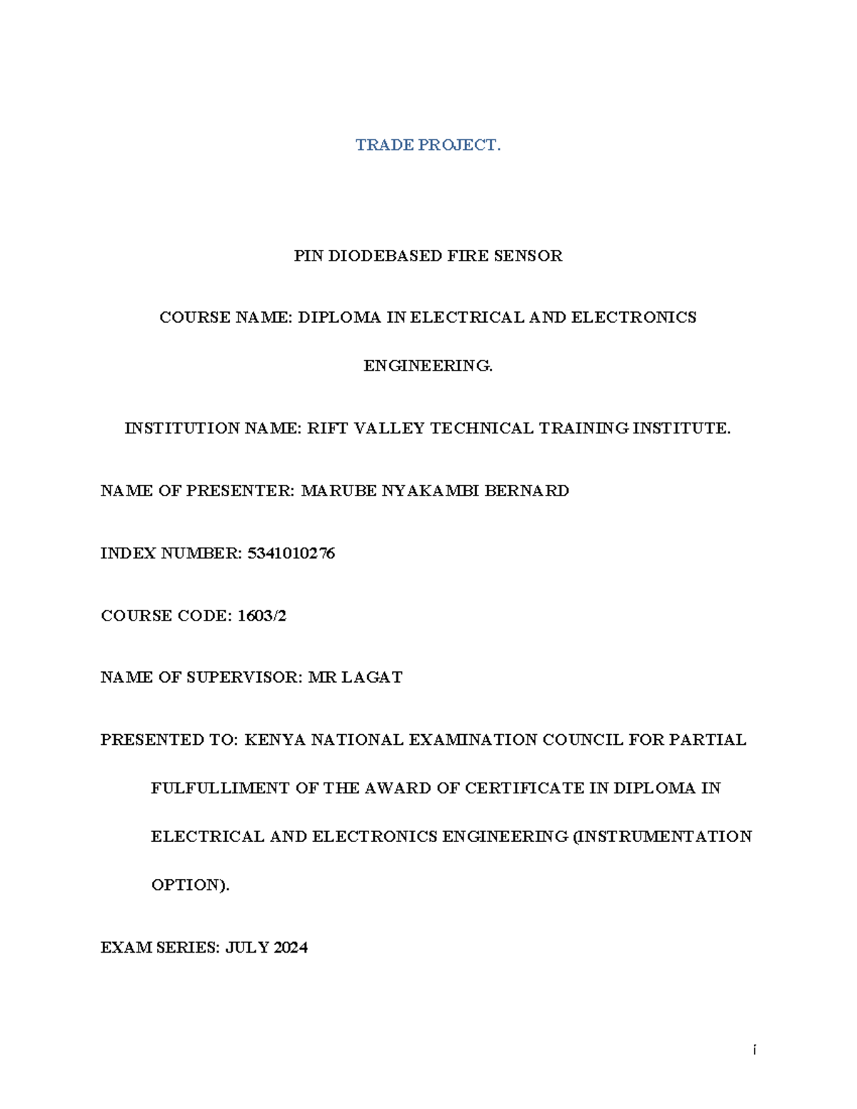 PIN Diode-Based Fire Alarm System Project (Course Code: 1603) - Studocu