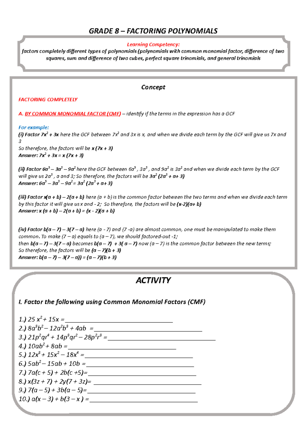 G8 Final Exam: Complete Guide to Factoring Polynomials 1 - Studocu
