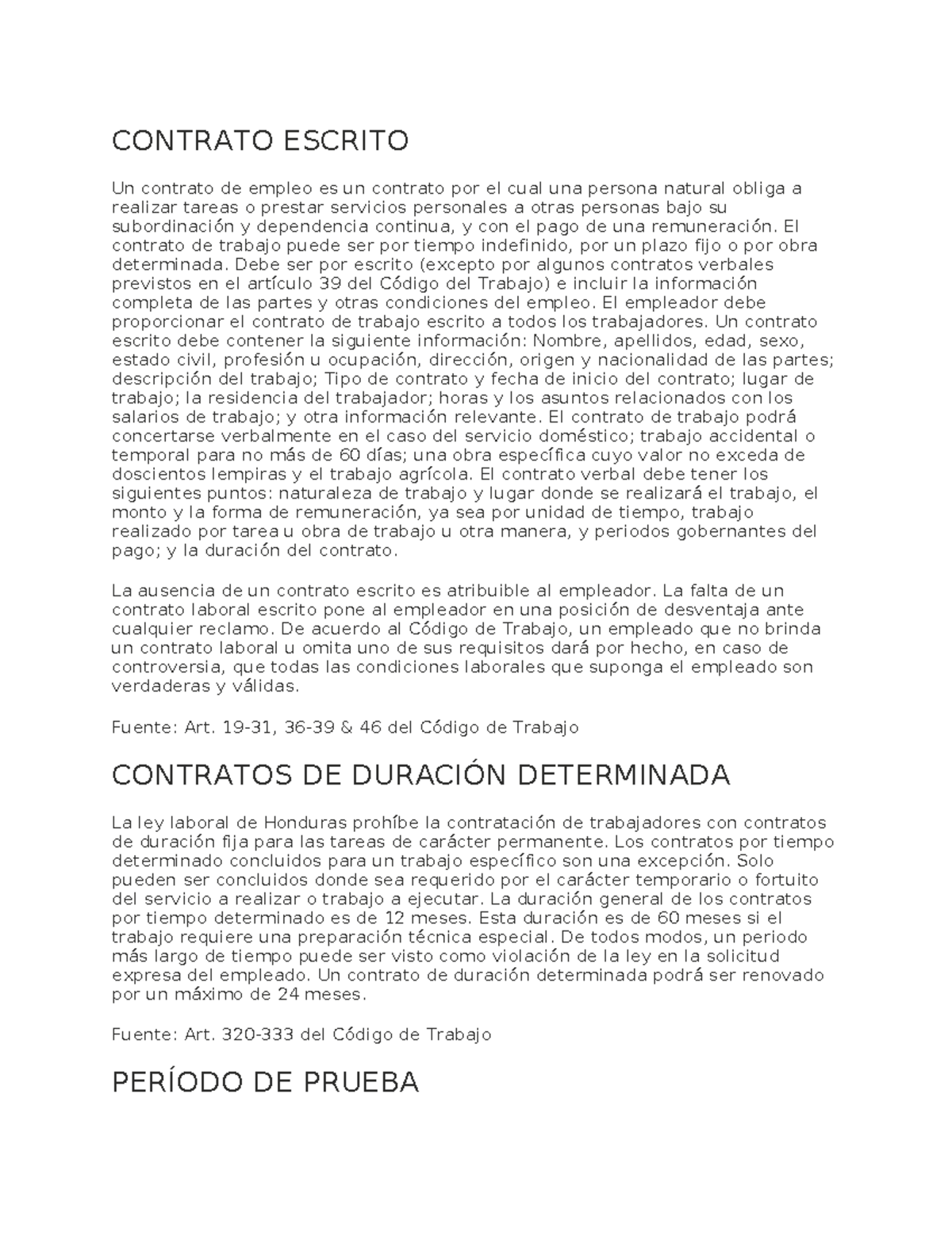 Contrato Escrito y Tipos de Contrato según el Código de Trabajo - Studocu