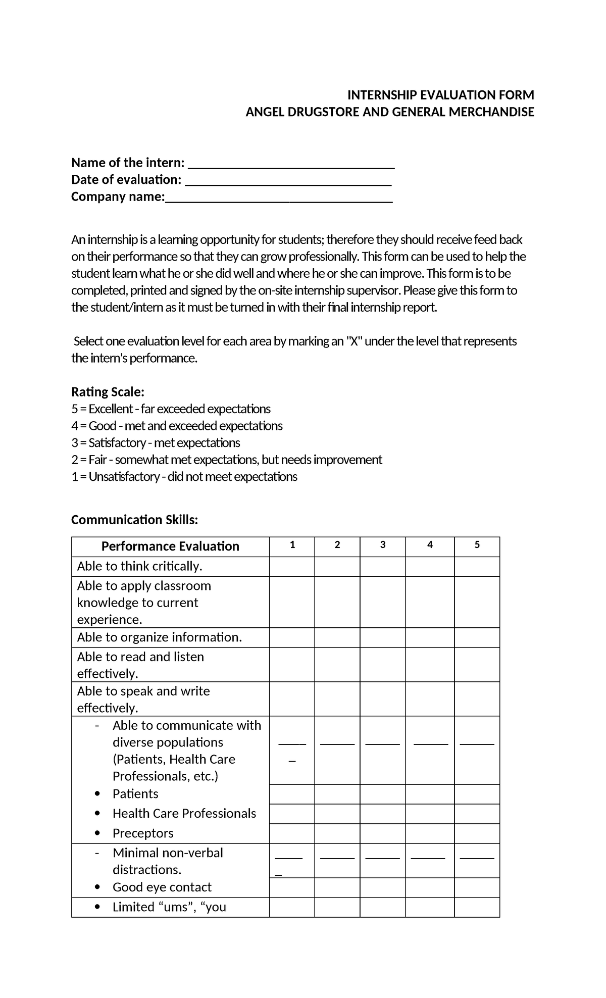 Internship Evaluation Form 2024 for Angel Drugstore - Studocu