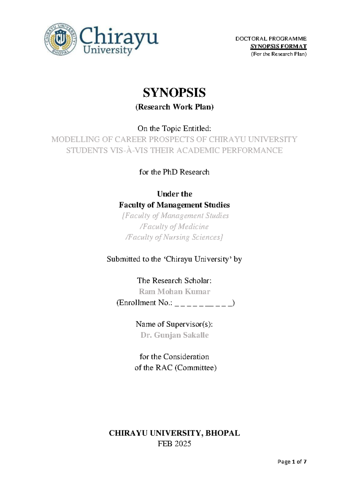 PhD Research Plan Synopsis: Career Prospects of Chirayu University ...