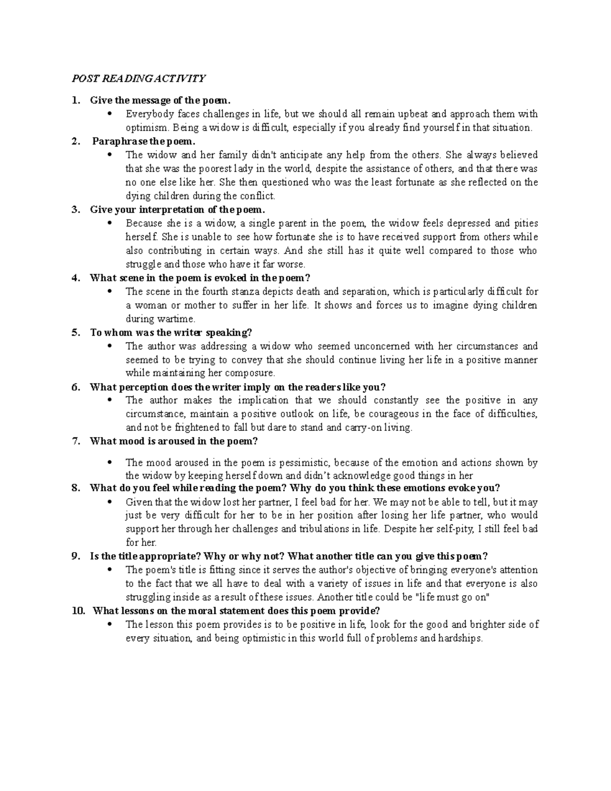 Asean POST Reading Activity - POST READING ACTIVITY 1. Give the message ...