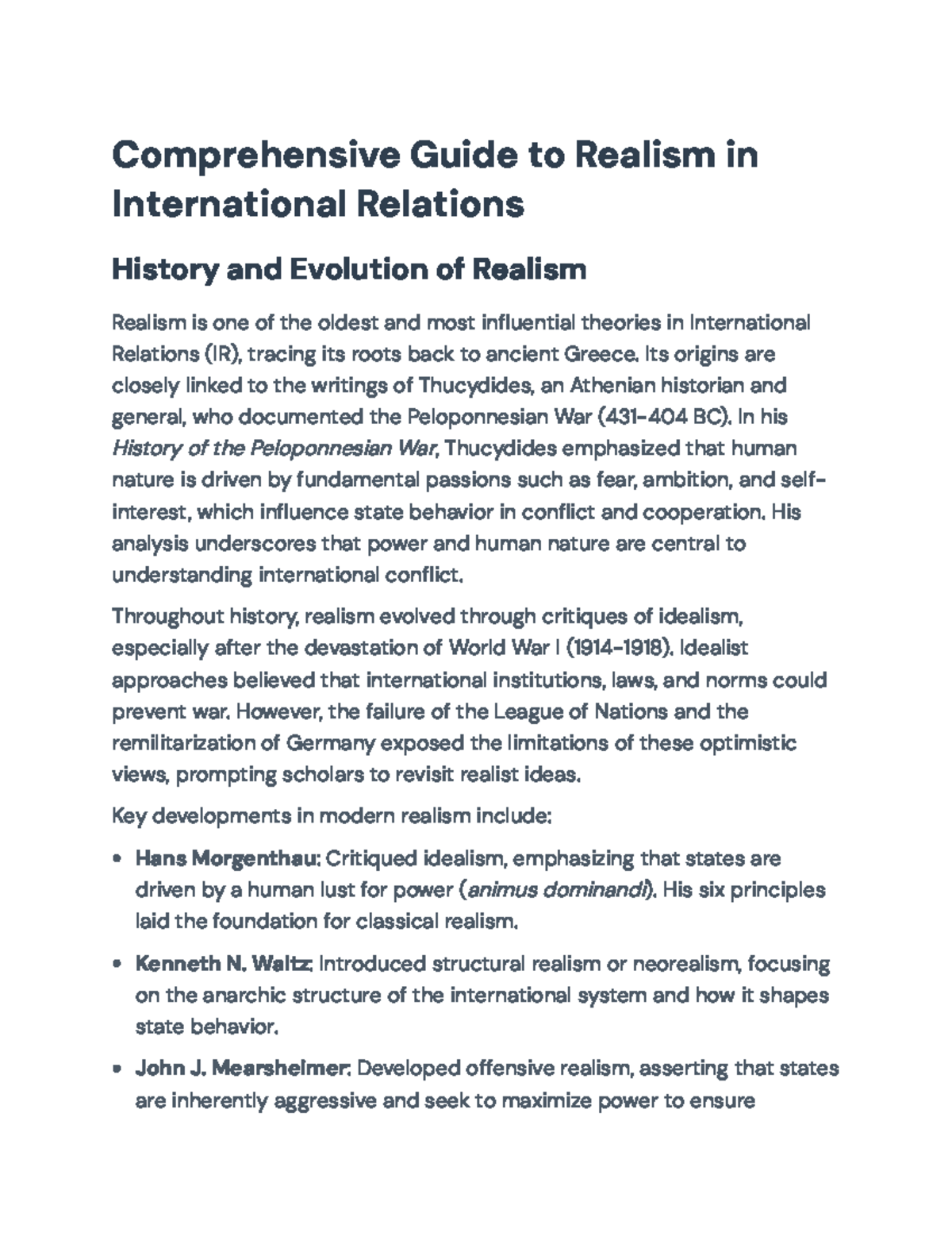 Comprehensive Overview of Realism in International Relations (IR) - Studocu