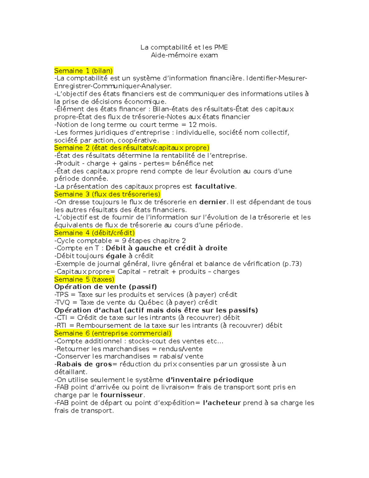 Aide-mémoire Exam - Comptabilité PME Semaine 1 à 6 - Studocu