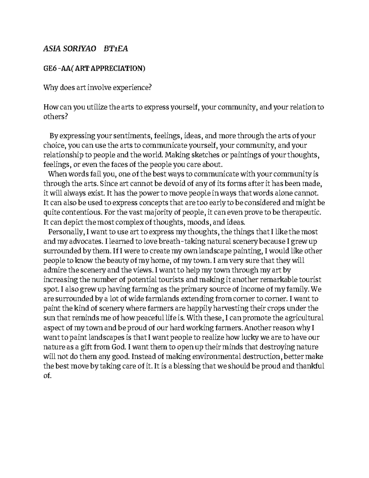 GE6-AA Art Appreciation Essay: The Power of Expression through Art ...
