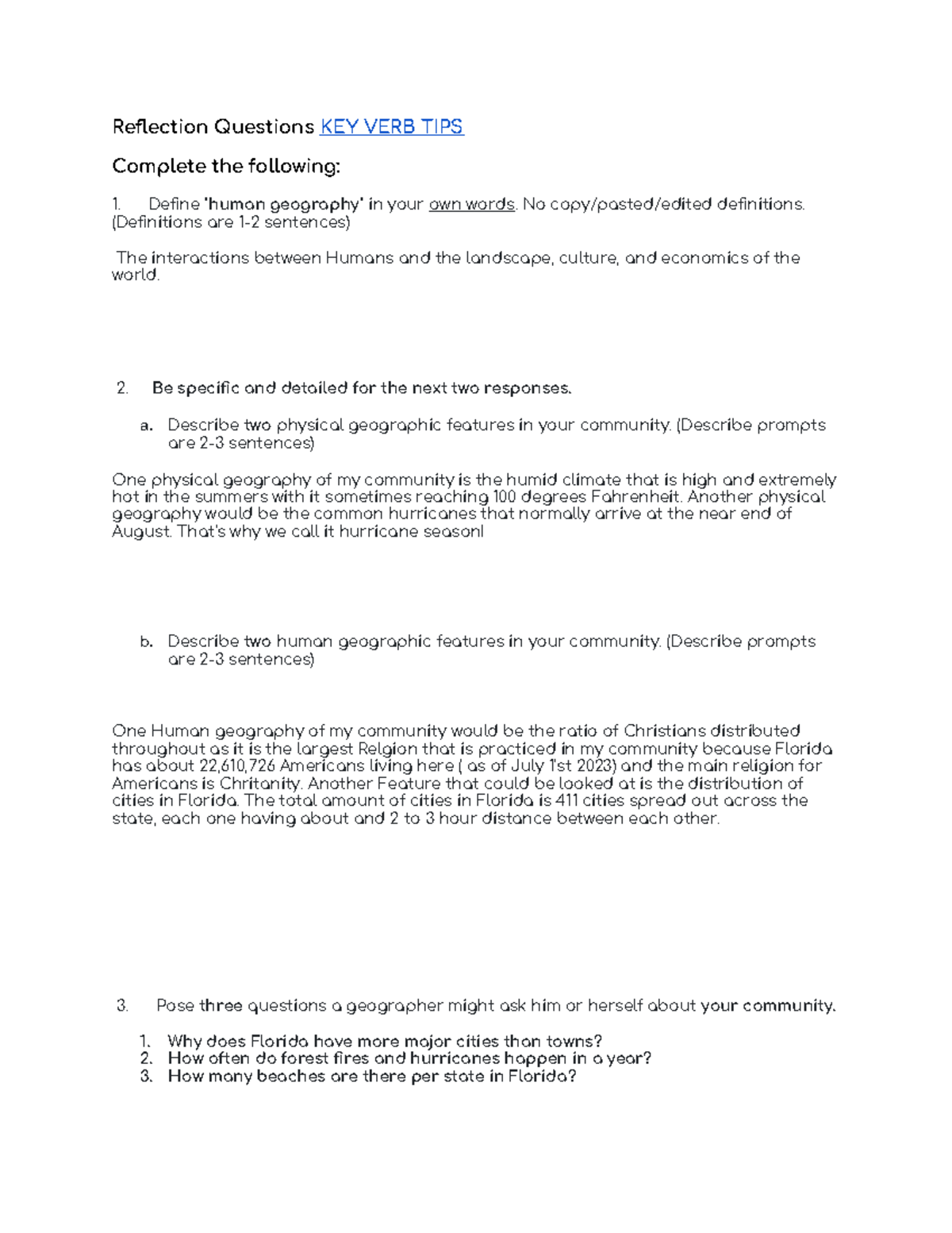 Reflection Questions on Human Geography in Florida: Community Analysis ...