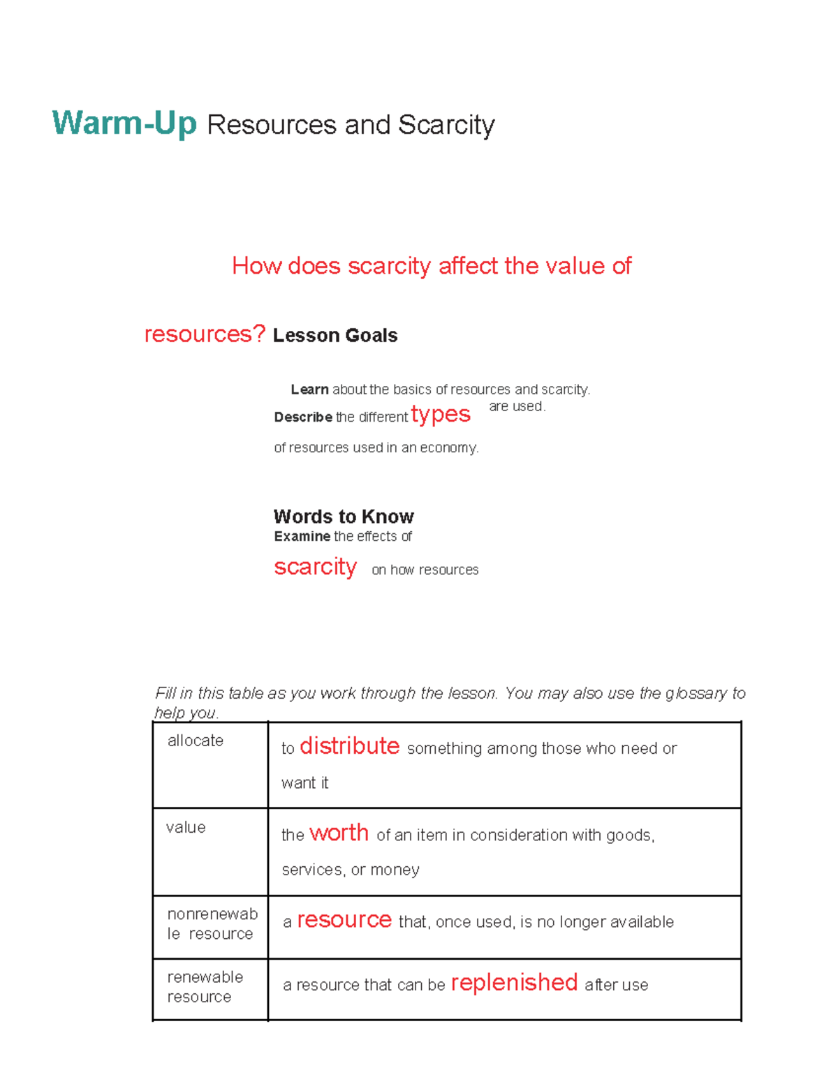 Resources and Scarcity Lesson Overview (W2K) - Warm-Up Resources and ...