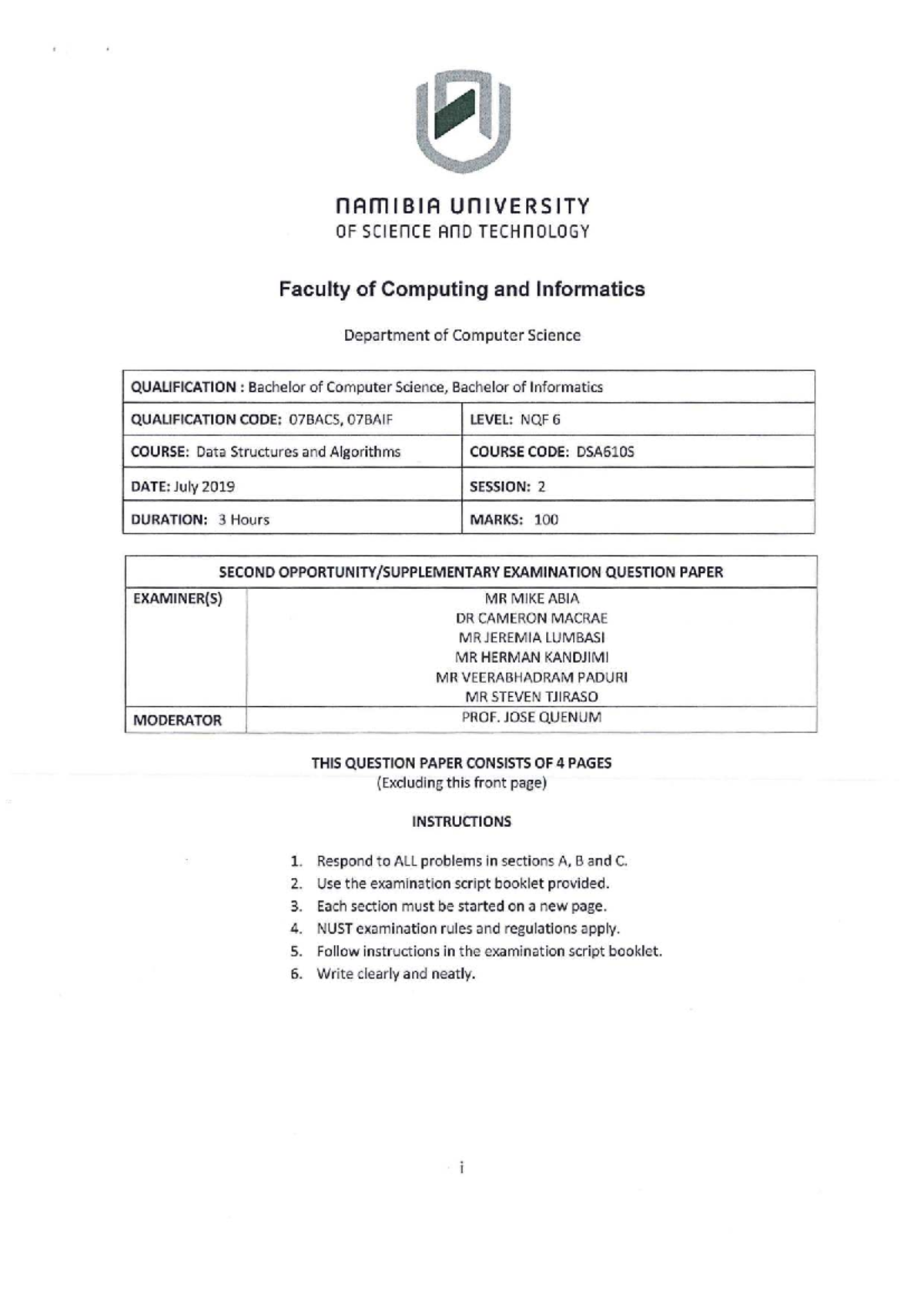 Data Structures and Algorithms Exam Questions DSA610S - July 2019 - Studocu