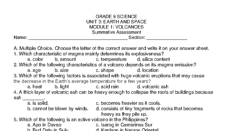 GRADE 9 SCIENCE UNIT 3: VOLCANOES Summative Assessment - Studocu