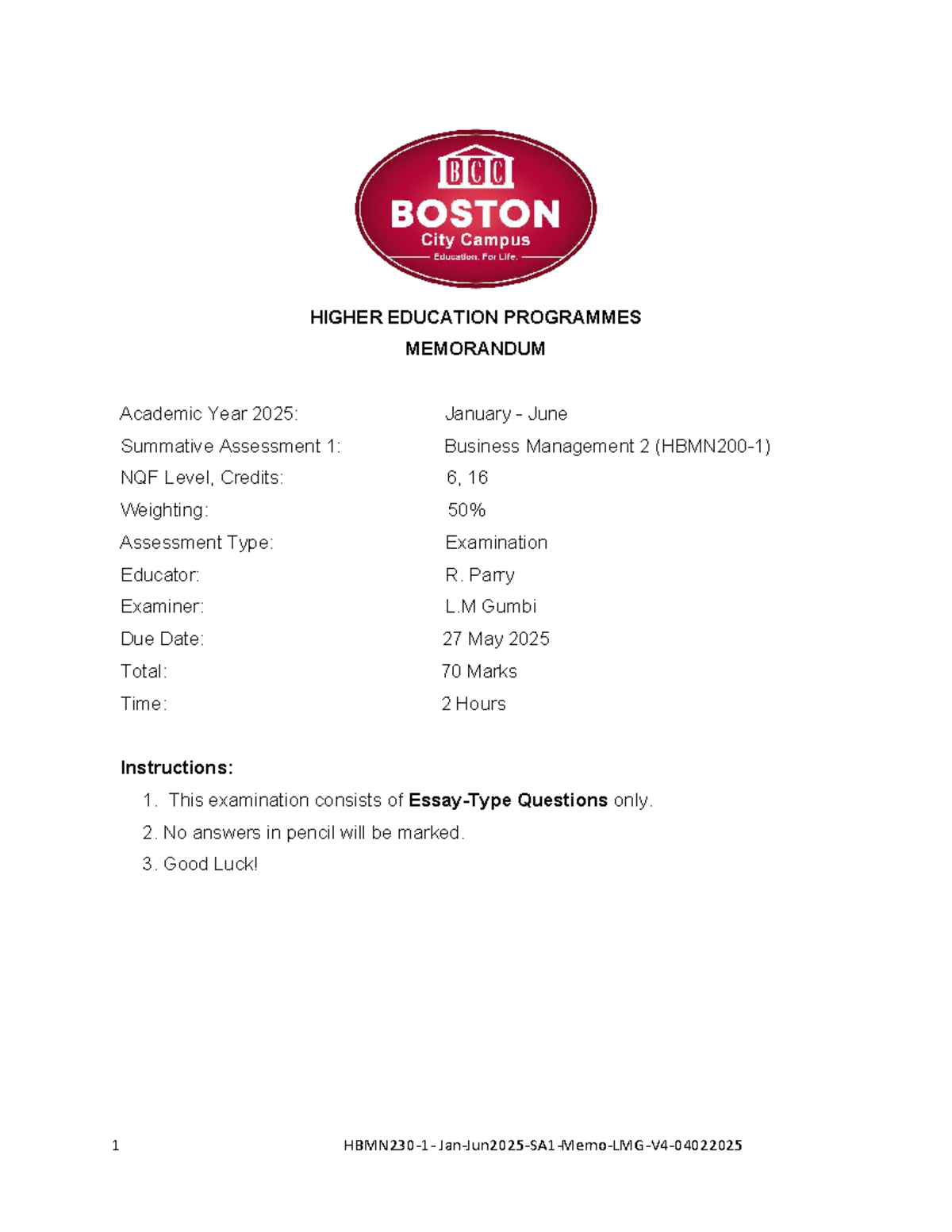 HBMN200: Jan-Jun 2025 Summative Assessment 1 Memo - Business Management ...