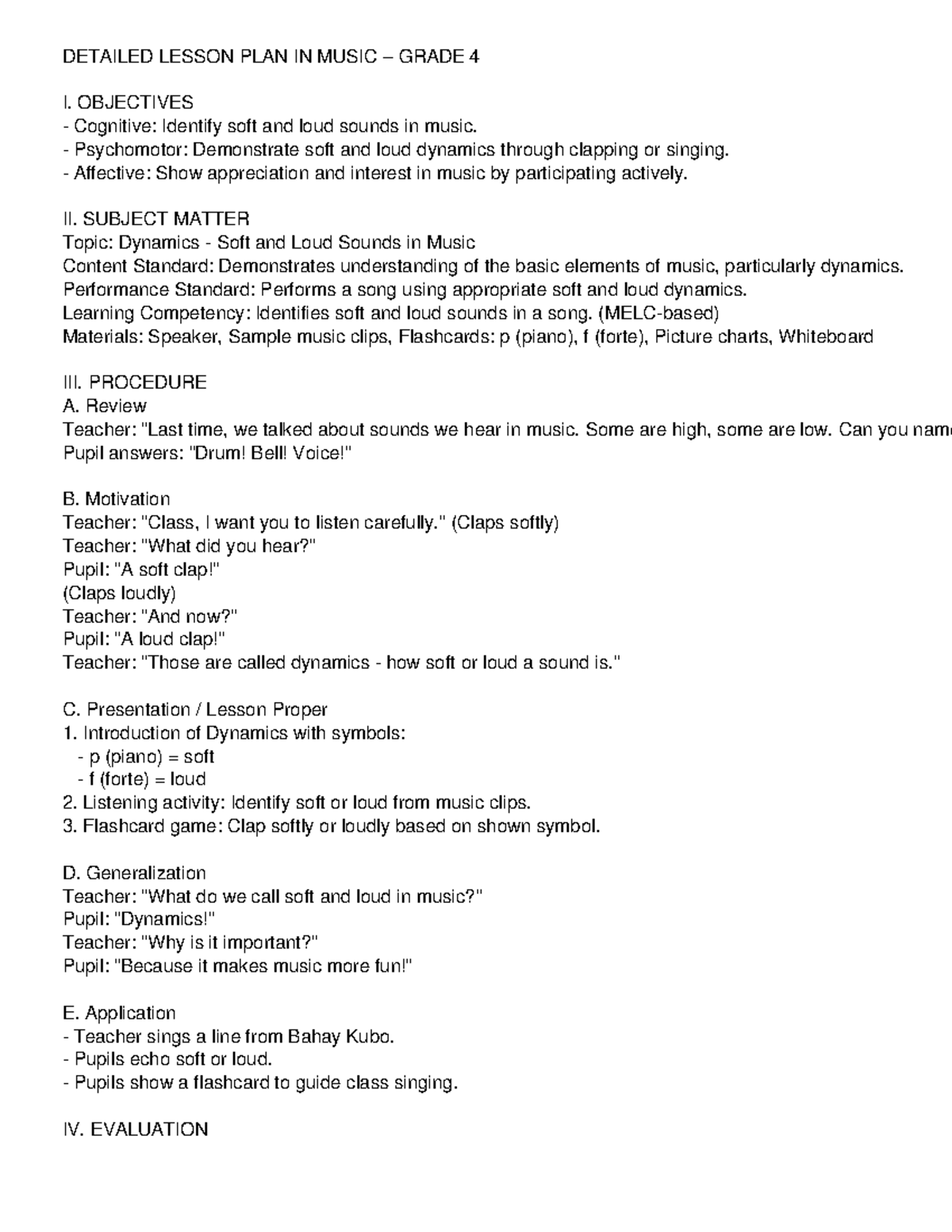 Grade 4 Music Lesson Plan: Understanding Dynamics (Soft & Loud) - Studocu