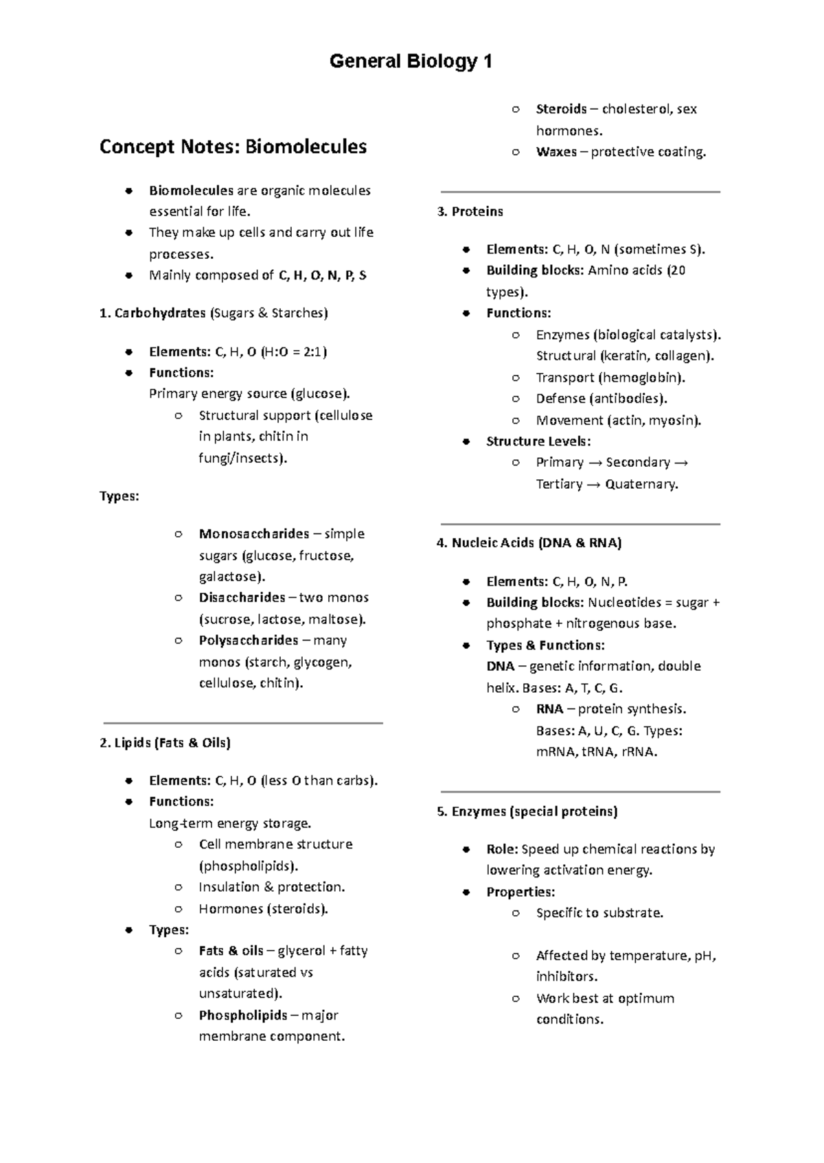 General Biology 1: Concept Notes on Biomolecules and Their Functions ...