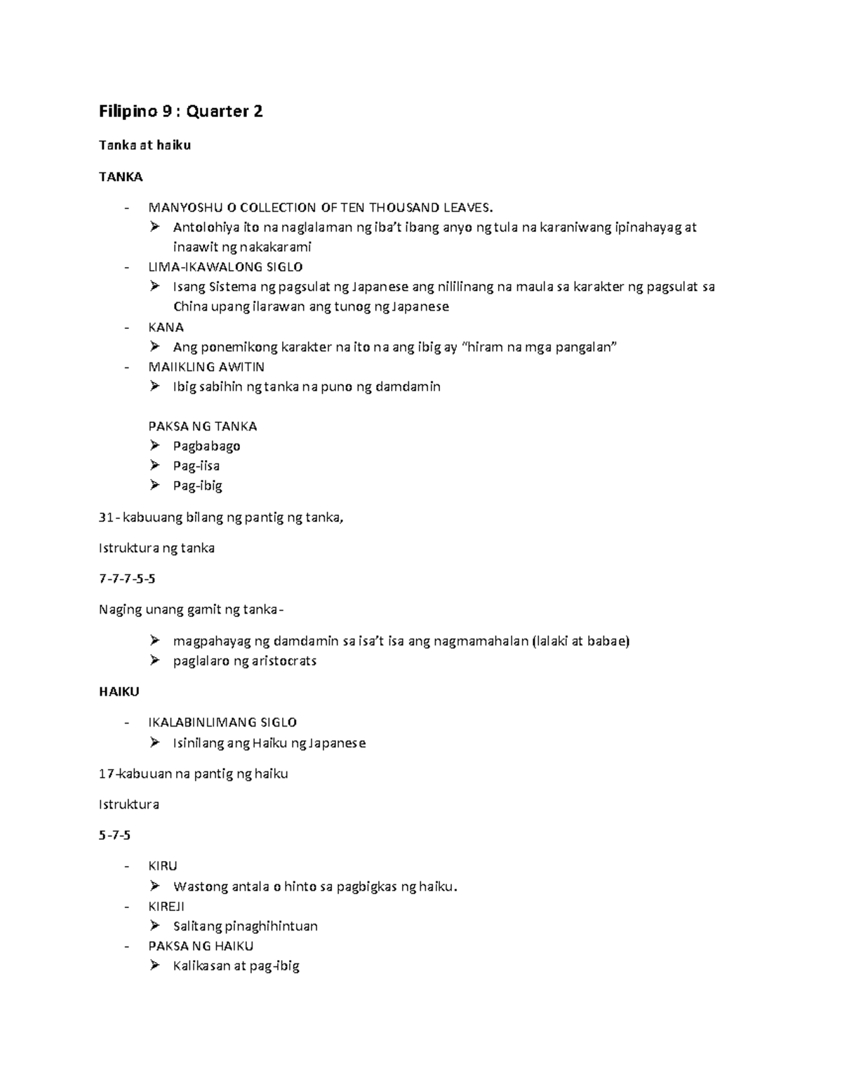 Filipino 9 Q2 Tanka, Haiku, and Fable Review Notes - Studocu