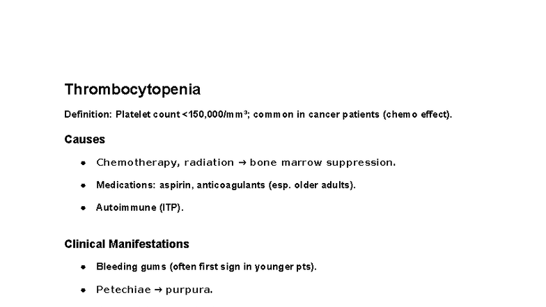 Nursing Lecture Notes: Thrombocytopenia & CAD Management - Studocu