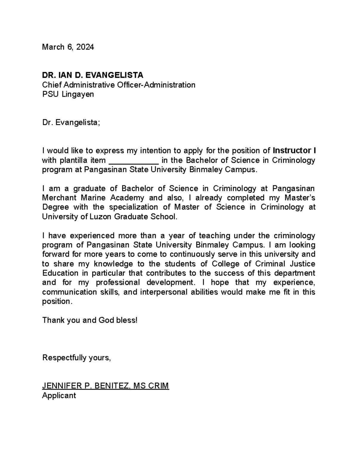 Letter of Intent for Instructor I Position - BS Criminology - Studocu