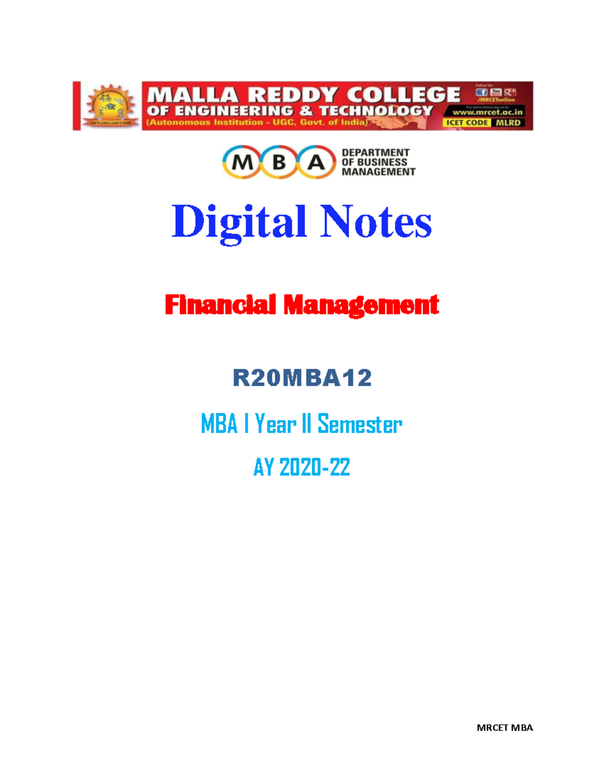 Financial Management Overview - MBA R20 2nd Semester Study Guide - Studocu