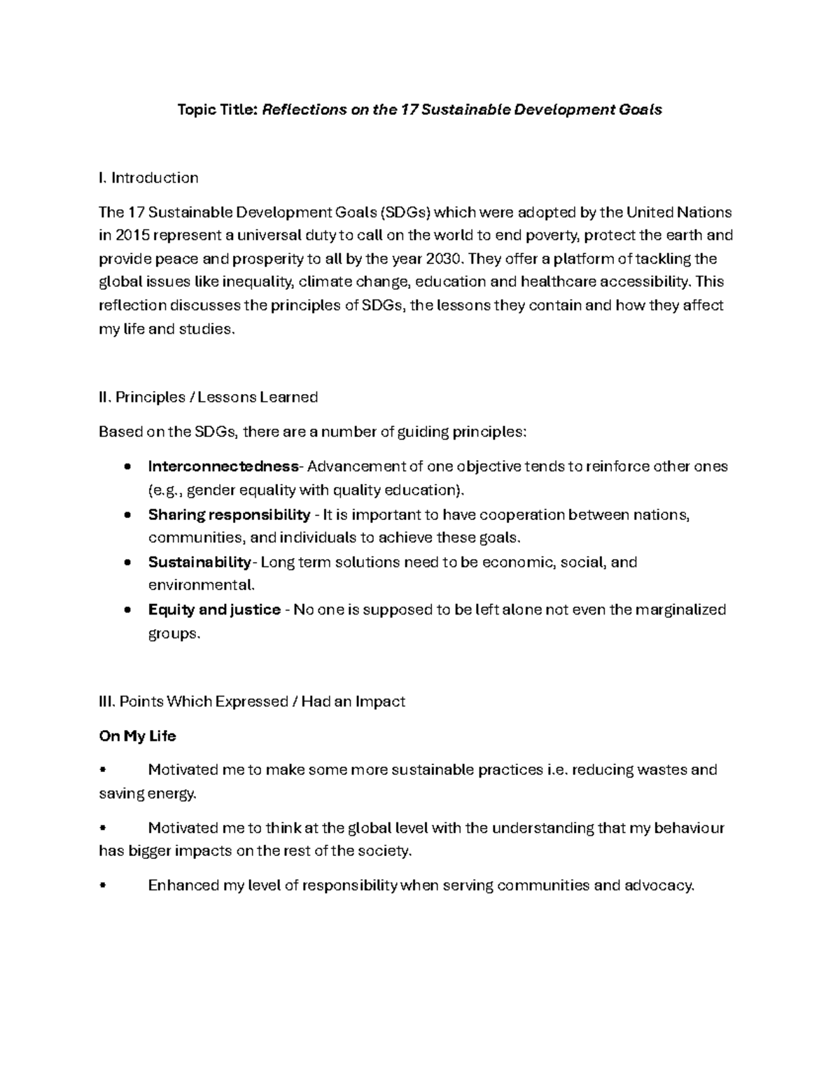 Reflection Paper on the 17 Sustainable Development Goals (SDGs) - Studocu