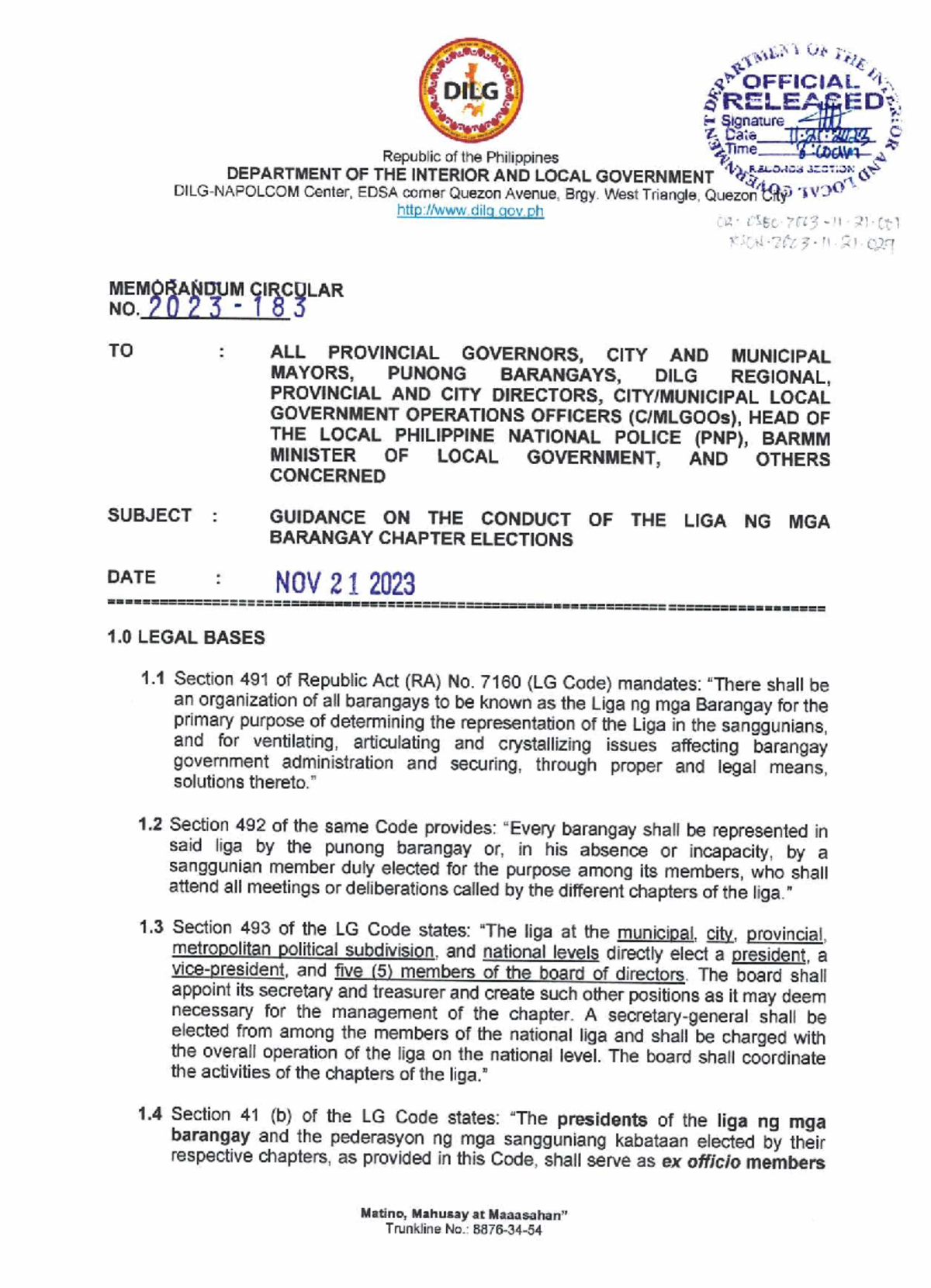 DILG Local Memo Circular No. 2023-11: Guidance on Liga Elections - Studocu