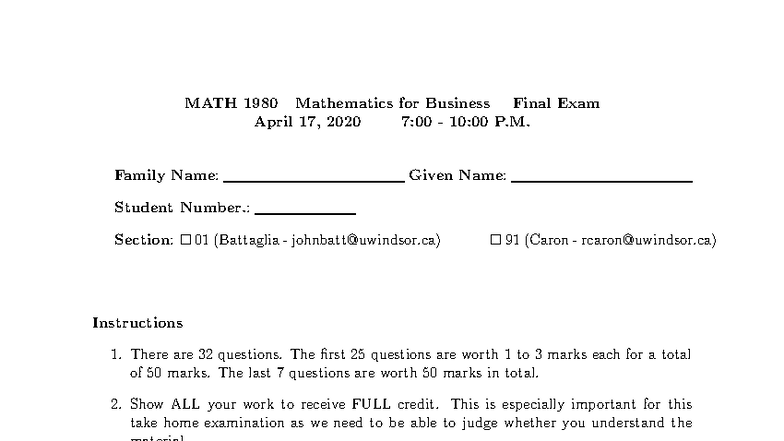 W2020 MATH 1980 Final Exam: Mathematics for Business - Studocu