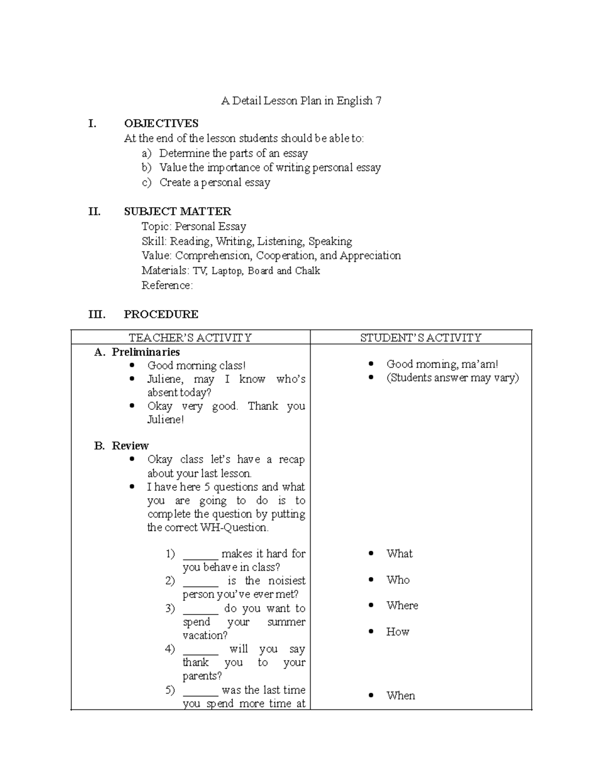 English 7 Detailed Lesson Plan: Writing Personal Essays - Studocu