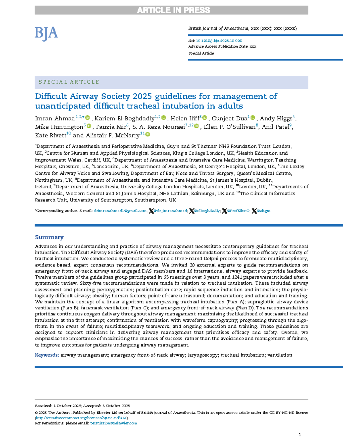 DAS 2025 Guidelines for Managing Unanticipated Difficult Tracheal ...