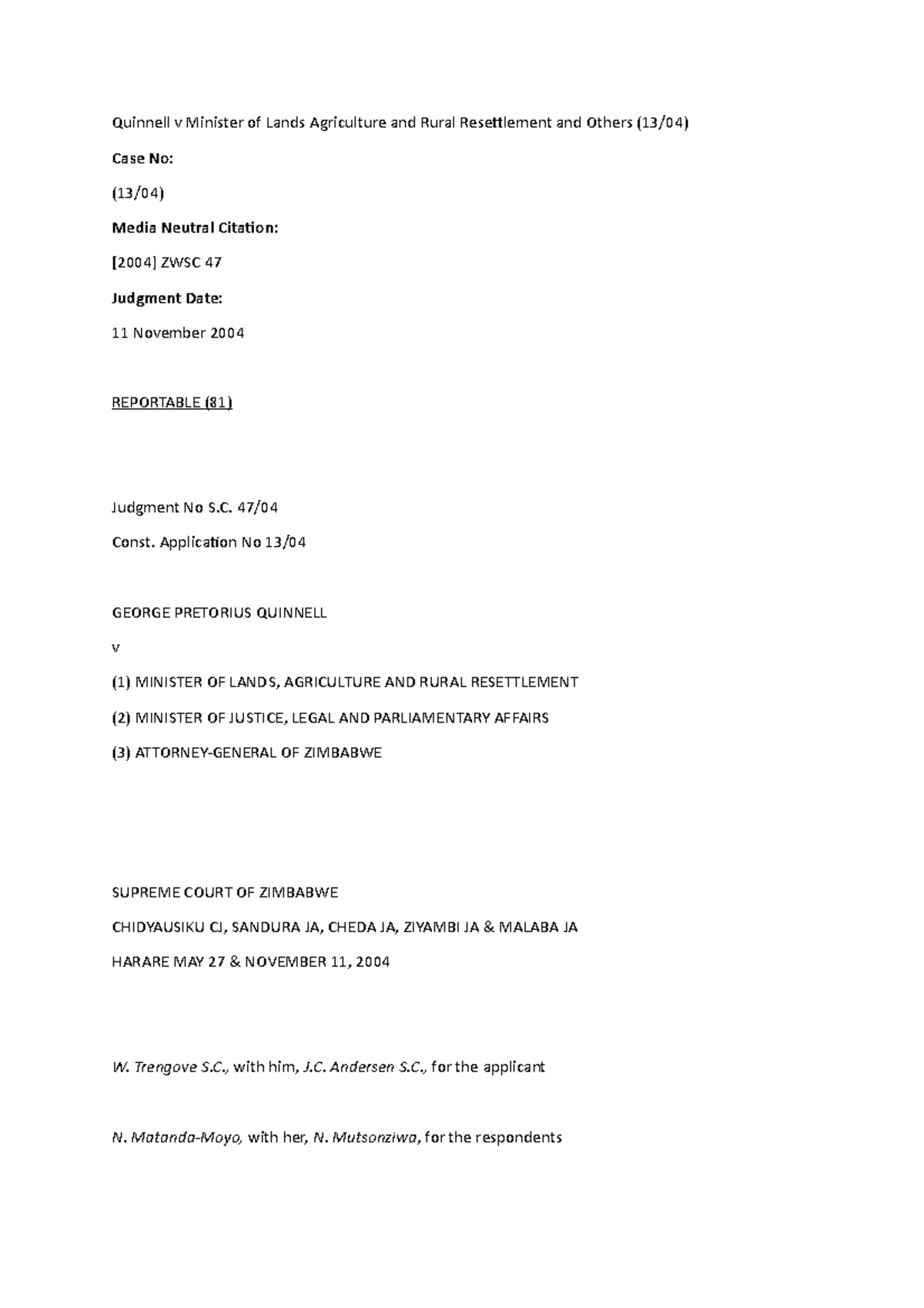 Quinell v Minister of Lands: Supreme Court Judgment Analysis (13/04 ...