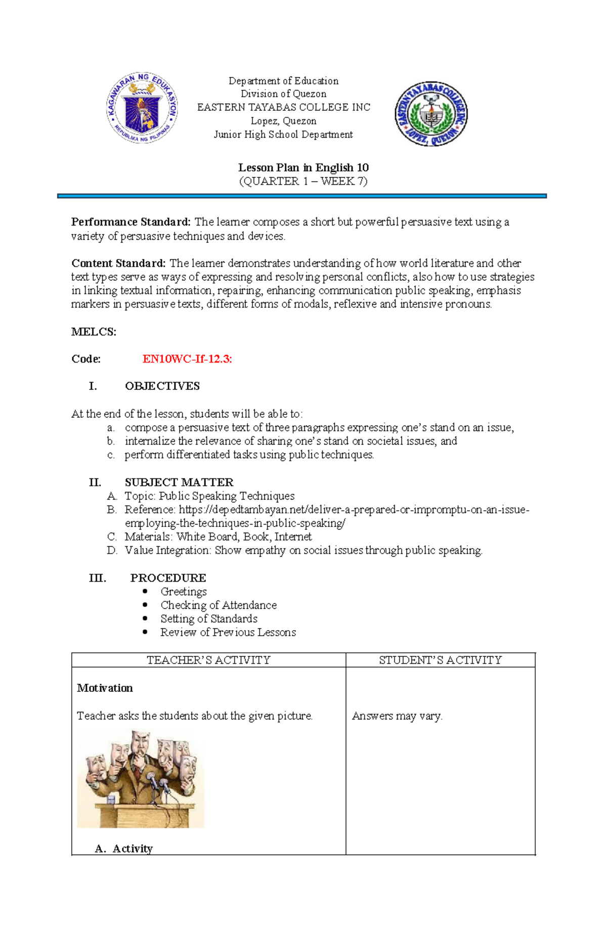 LP-PS Techniques - English 10 Lesson Plan for 1st Quarter Activities ...