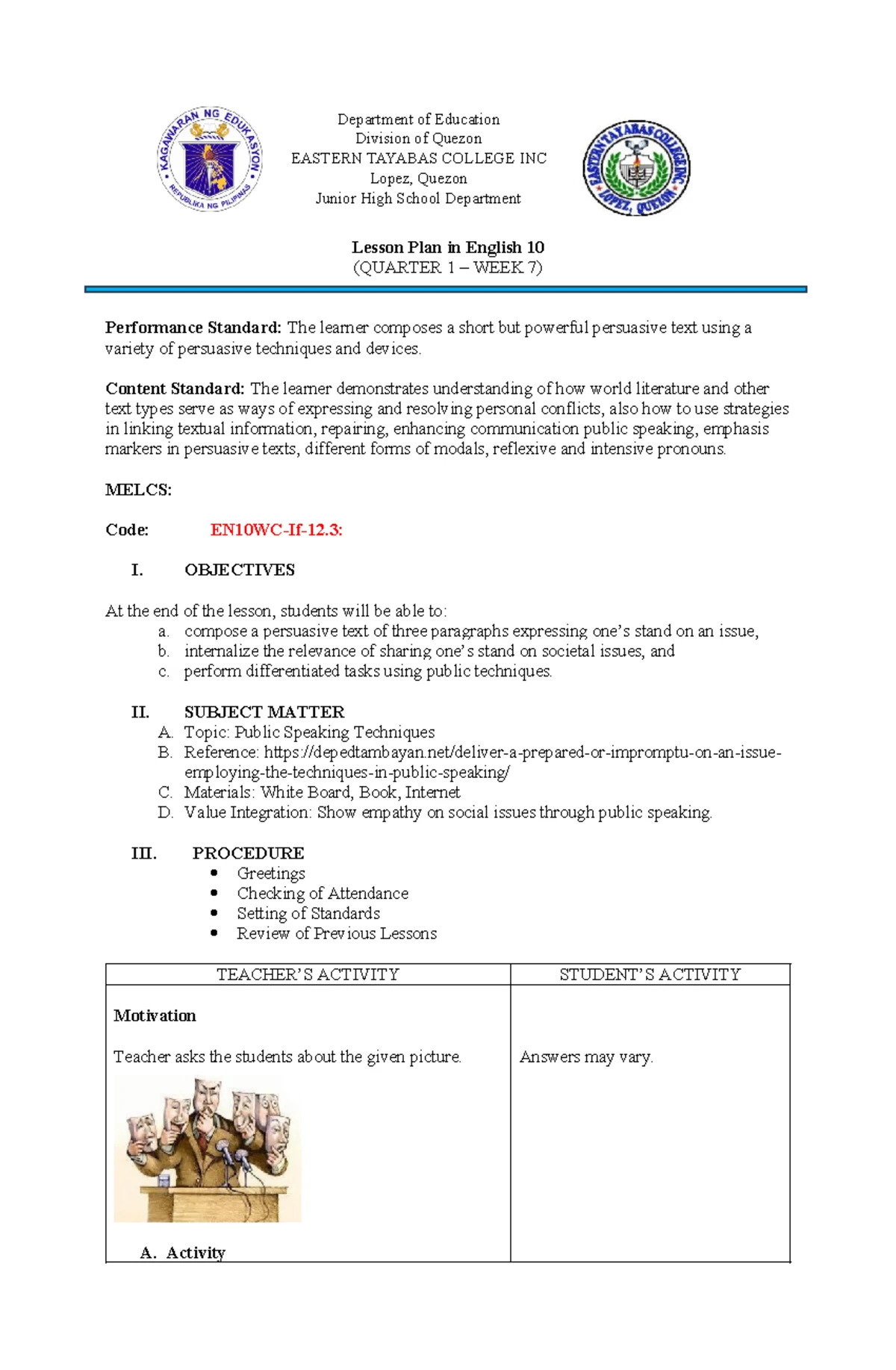 LP - Public Speaking Lesson Plan for English 10 - 1st Quarter - Studocu