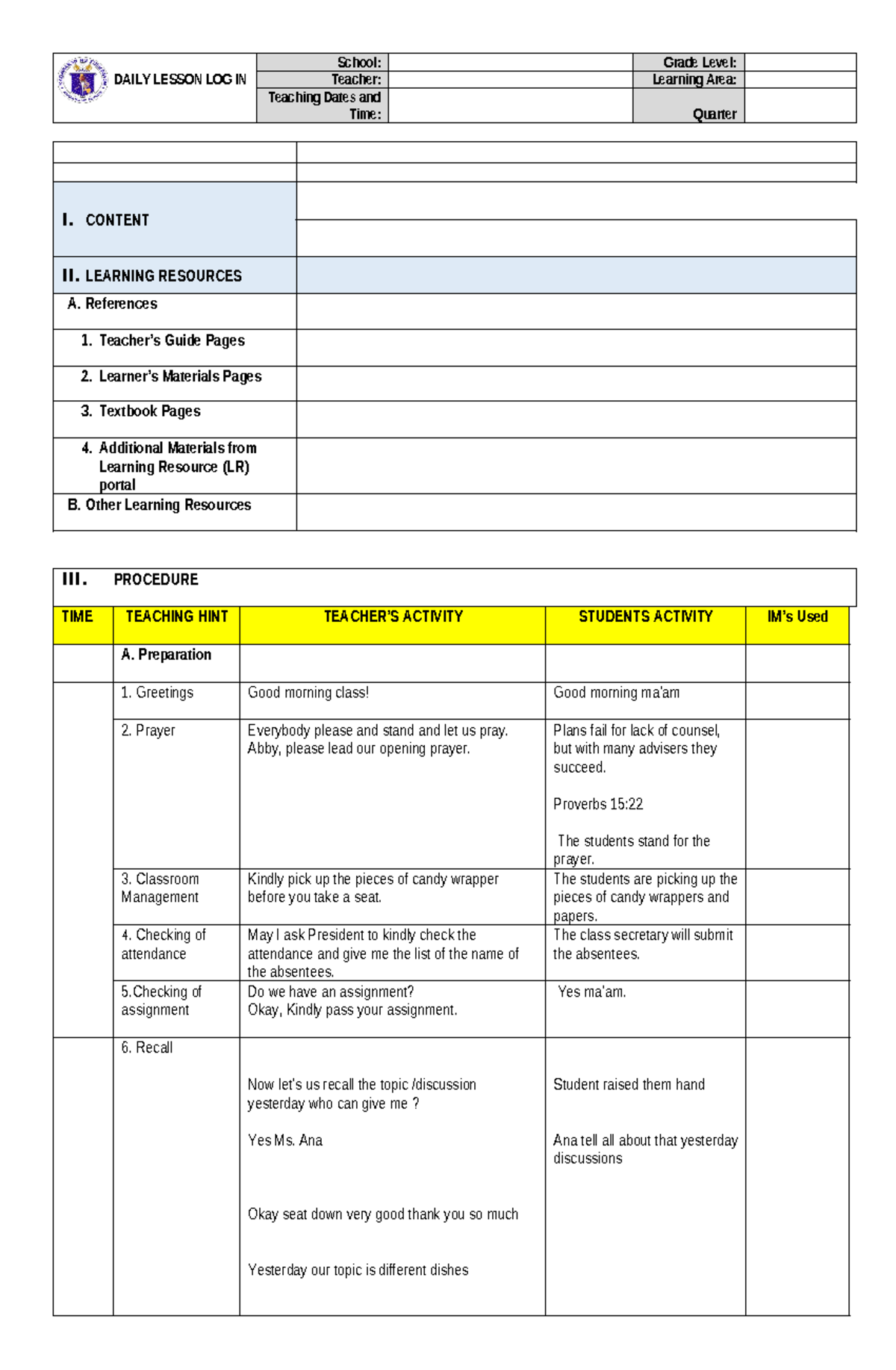 Detailed Lesson Plan for Cooking Methods - Grade Level Lesson Plan ...