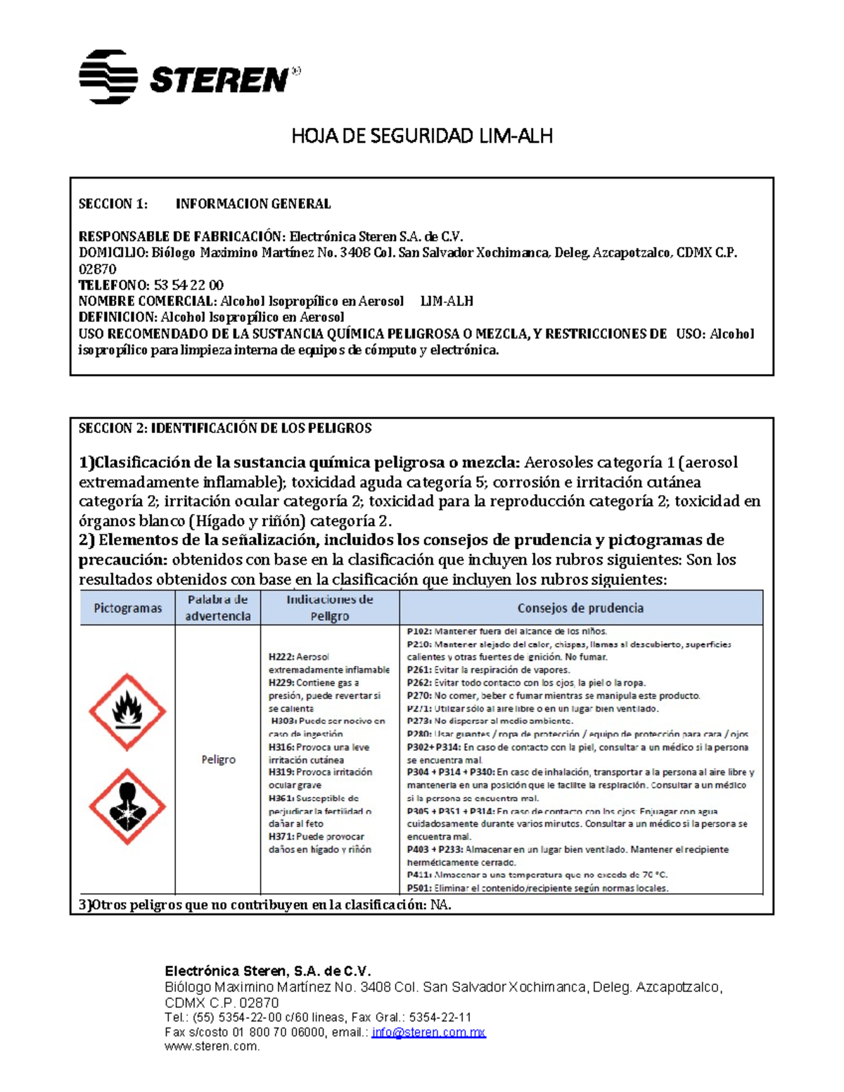 Hoja de Seguridad: Alcohol Isopropílico Aerosol - Steren - Studocu