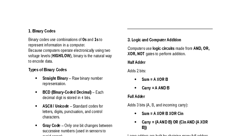 Binary Codes and Error Correction in Computers (CS101 Lecture Notes ...