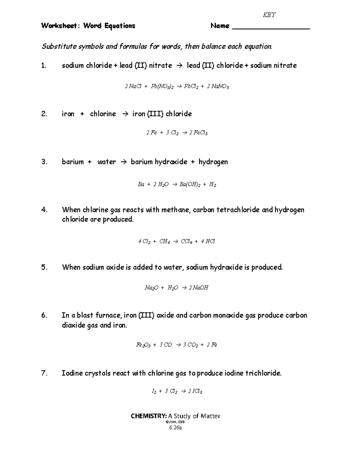 CHEM 6.26a: Key Worksheet on Word Equations - Studocu
