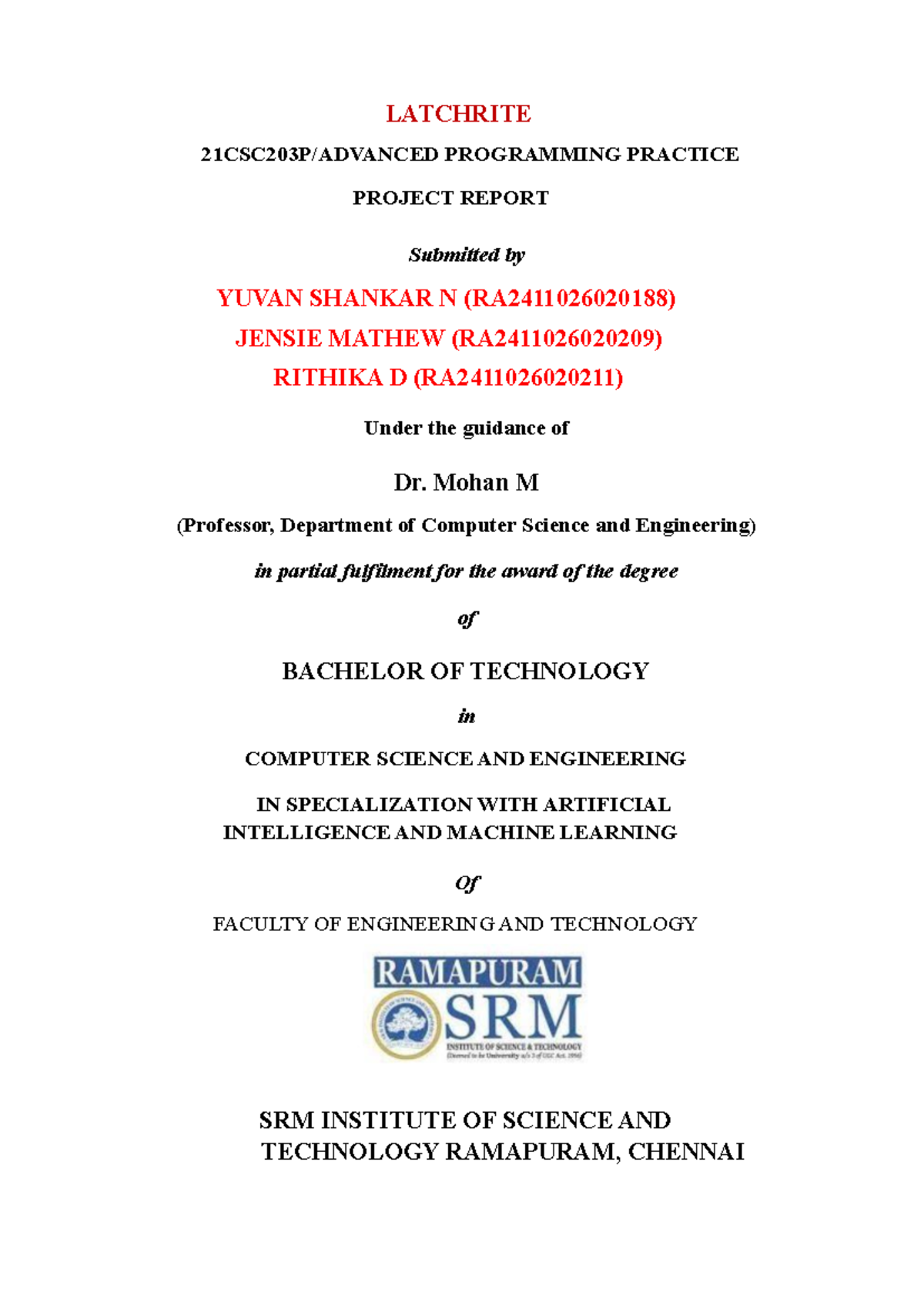 LATCHRITE Hostel Management System Project Report (B.Tech CSE) - Studocu